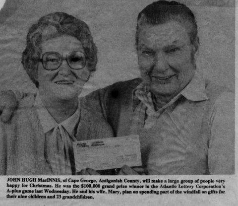 Newspaper - unknown year. John Hugh MacInnis won $100,000 in lottery ...