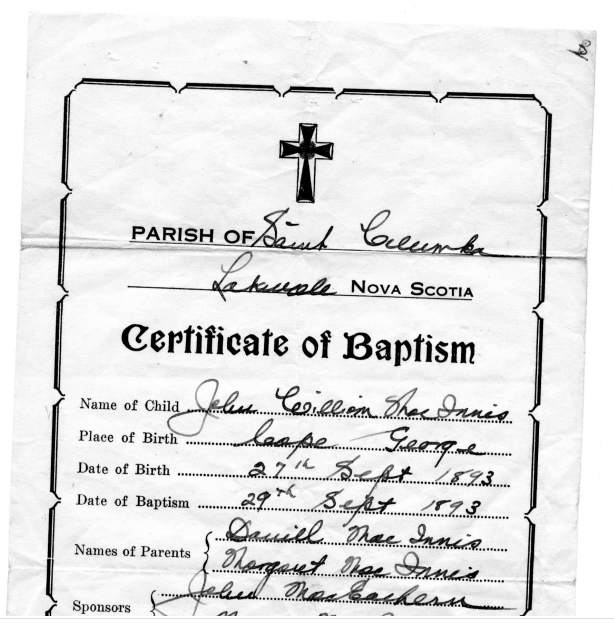 John William MacInnis Certificate of Baptisim - Cape George Museum ...