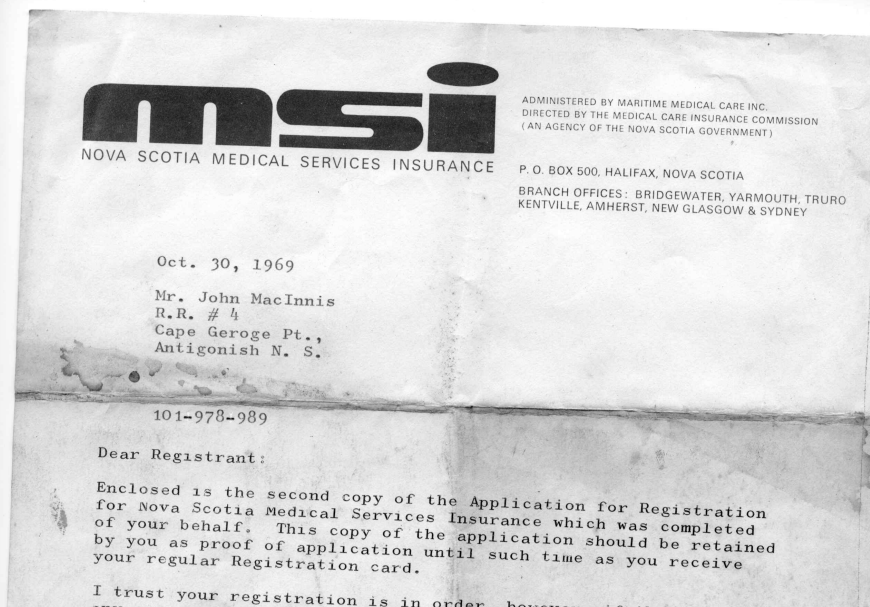 Letter to Mr. John Macinnis from Nova Scotia Medical Services, 1969 ...